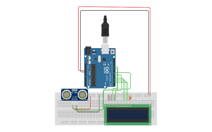 Circuit design Fullo_UltraSonic Sensor with LCD | Tinkercad