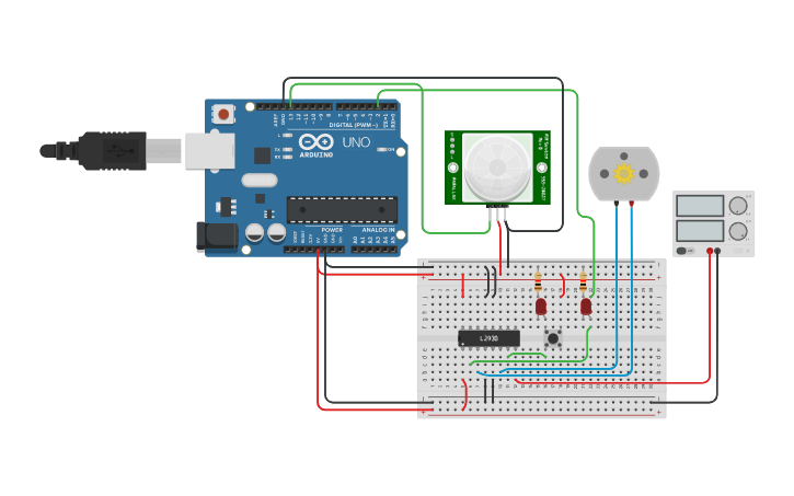 Circuit design Motor Driver H-Bridge w/ Arduino dan PIR Sensor - Tinkercad