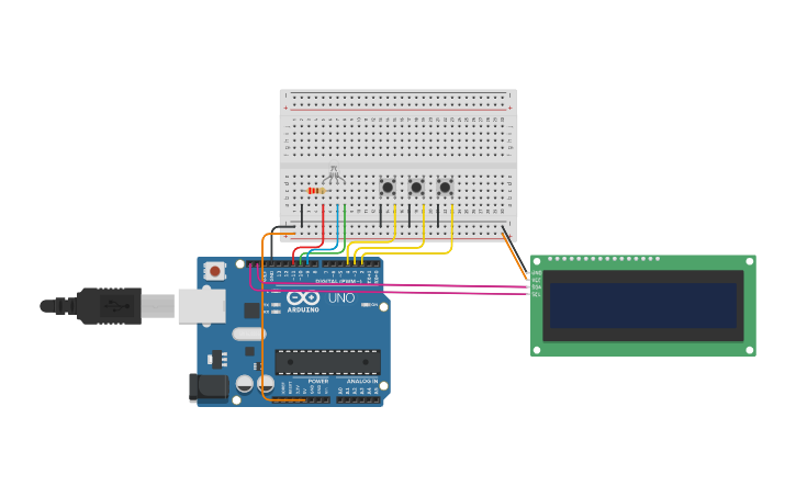 Circuit design 푸시버튼 RGB LED 제어 LCD 디스플레이 - Tinkercad
