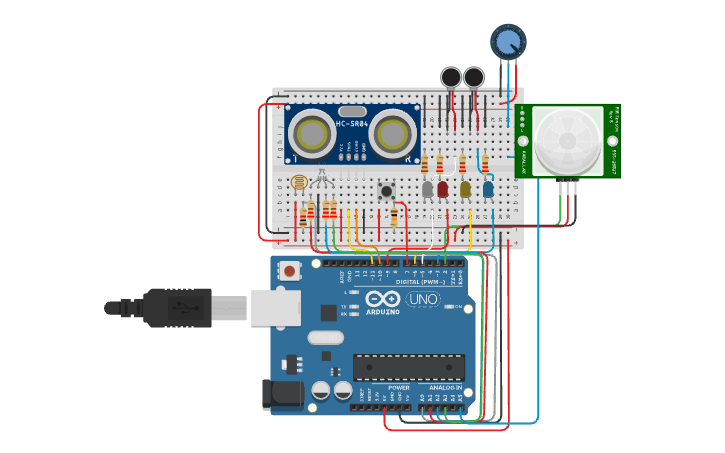 Circuit design Combined Light; LDR; Motion; Ultrasonic sensor | Tinkercad