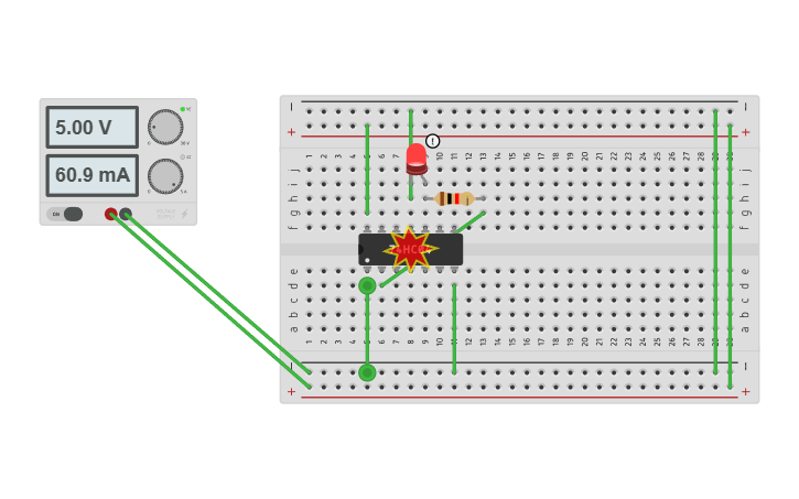 Circuit design Breadboard connection with not gate - Tinkercad