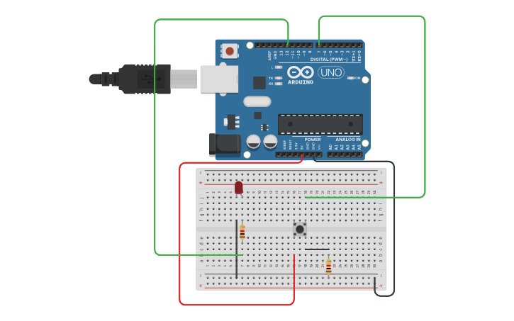 Circuit design Using push button light on/off - Tinkercad