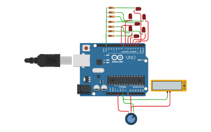 Circuit design Circuito 7-LEDS | Tinkercad