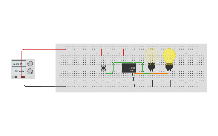 Circuit design relé con dos bombillas | Tinkercad