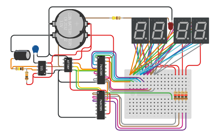 Circuit design ATTiny Multiplexed Display with 1Hz timer - Tinkercad