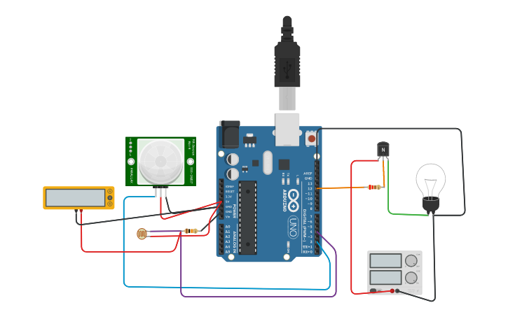 Circuit design Détecteur de présence + détecteur de lumière - Tinkercad