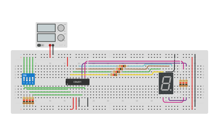 Circuit design BCD-TO-SEVEN SEGMENT DECODER - Tinkercad