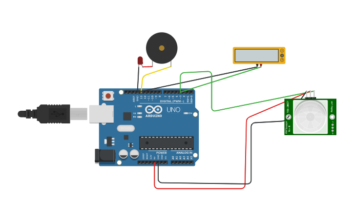 Circuit design PIR SENSOR USNG LED AND BUZZER LAB 5 - Tinkercad