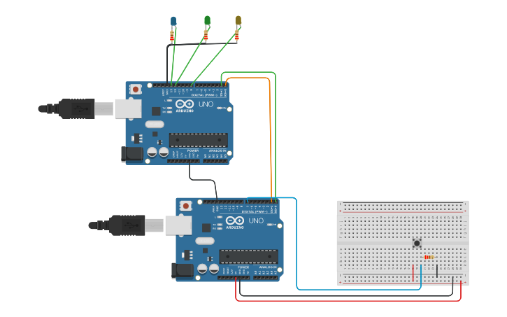 Circuit design Tarea de 2 arduinos con boton | Tinkercad