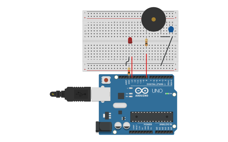 Circuit design Circuito SOS (led e buzzer) | Tinkercad
