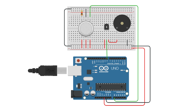 Circuit design Gas leakage alarm using Gas sensor - Tinkercad
