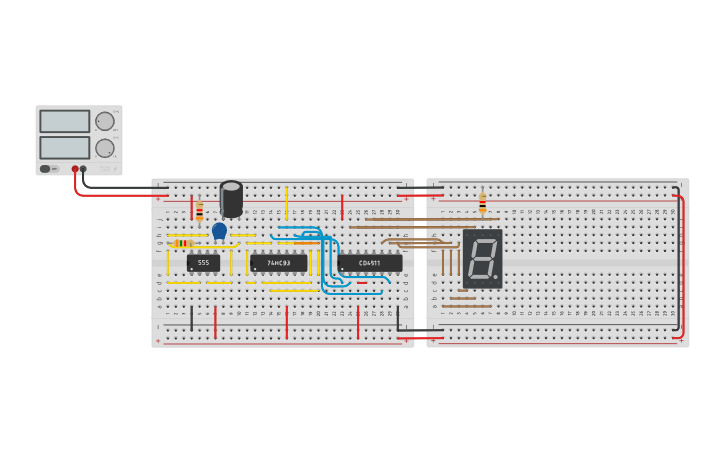 Circuit design contador con 555, 7493, CD4511 - Tinkercad Circuit design contador con 555, 7493, CD4511 - Tinkercad