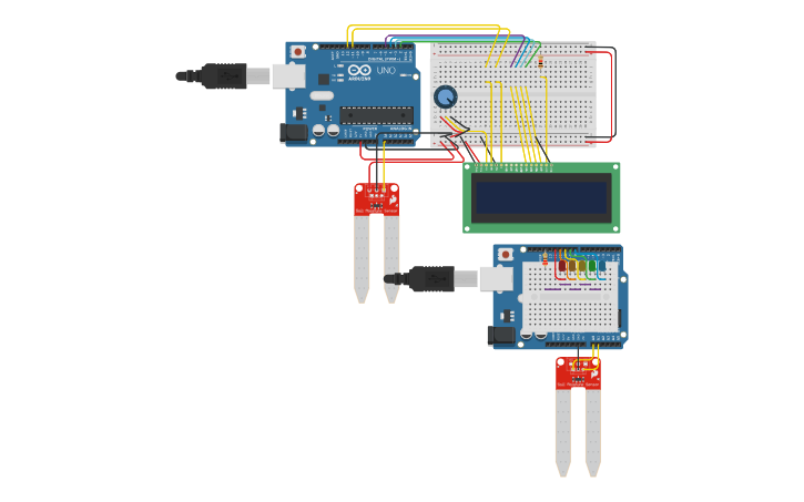 Circuit design sensor de umidade com LED e LCD - Tinkercad