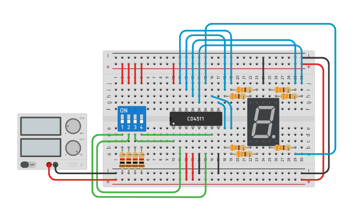 Circuit design Decodificador BCD + Display 7 Seguimentos + DIP DPST x 4 ... Circuit design Decodificador BCD + Display 7 Seguimentos + DIP DPST x 4 ...