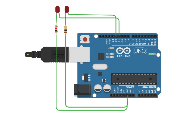 Circuit design Encendido y apagado de 2 leds | Tinkercad