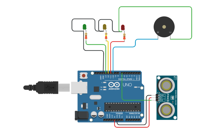 Circuit design Reverse Car Parking using Ultrasonic sensor - Tinkercad Circuit design Reverse Car Parking using Ultrasonic sensor - Tinkercad