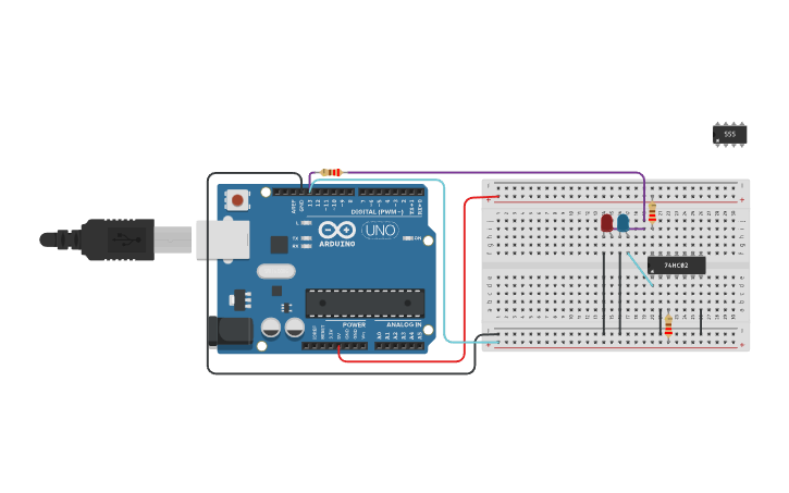 Circuit design cops lights on 74hc02 logic gate | Tinkercad