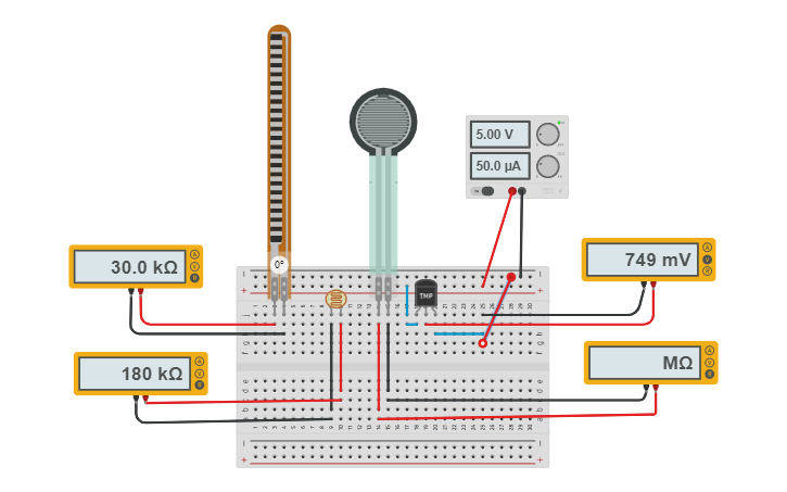 Circuit design Caracterización de sensores | Tinkercad