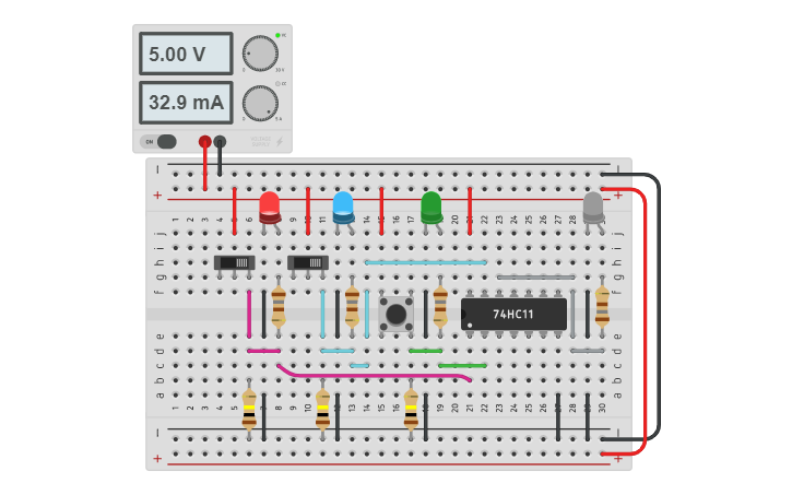 Circuit design 74HC11 3 in and - Tinkercad