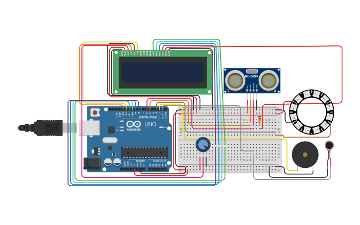 Circuit Design Social Distancing Indicator With Alarming System Tinkercad