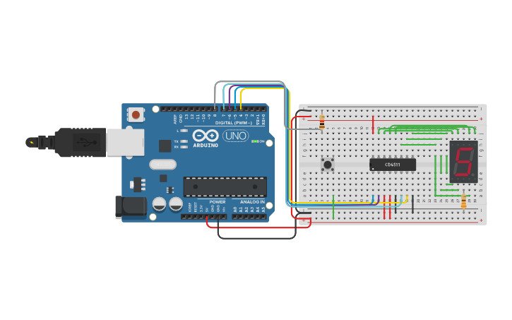 Circuit design Arduino, Pulsador con 7Segmentos - Tinkercad