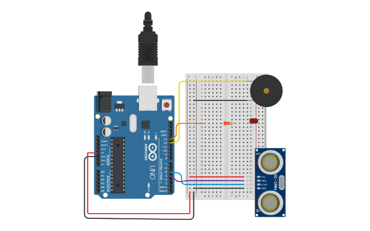 Circuit design sensor ultrasonido - Tinkercad