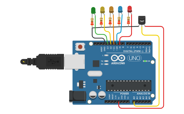 Circuit design Temperature Sensor with Led Light Arduino - Tinkercad