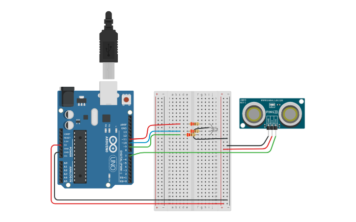 Circuit design Ultrasonic sensor with RGB - Tinkercad