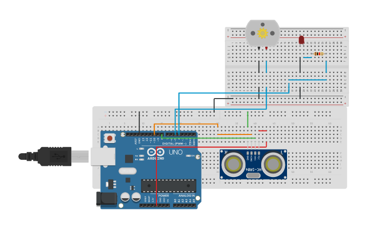 Circuit design Arduino sensor distancia, motor y LED Carlos Molina | Tinkercad