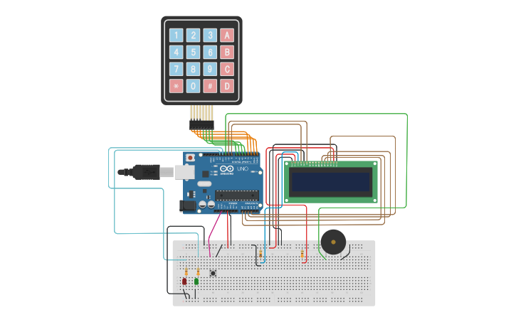 Circuit design Lv.3. Keypad Password (1234A56) with Buzzer - Tinkercad