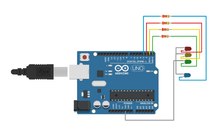 Circuit design Arduino ile 4 led sıralı yakma - Tinkercad