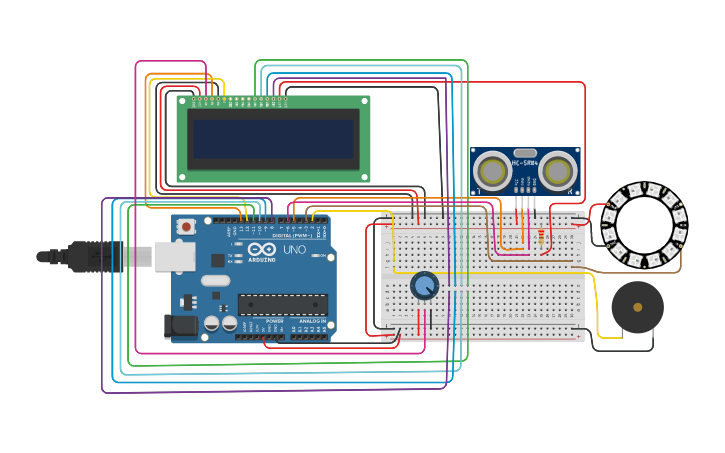 Circuit Design Social Distancing Indicator With Alarming System Tinkercad