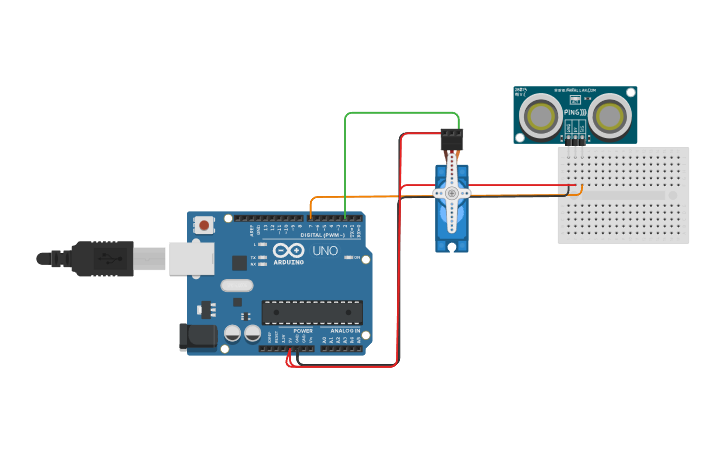 Circuit design servo ultrasonic sensor - Tinkercad