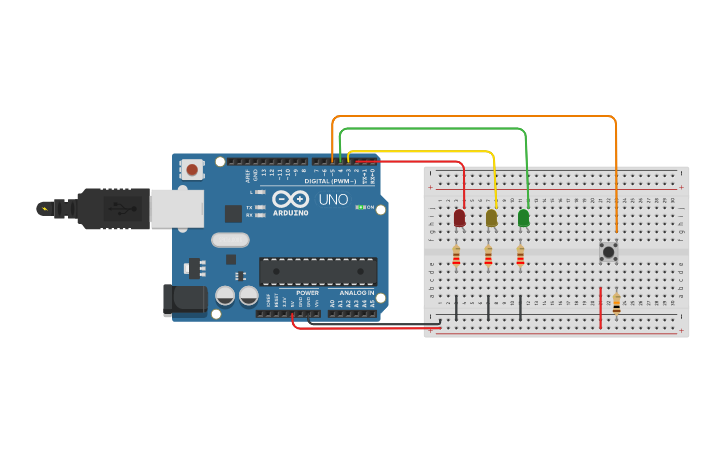 Circuit design Leds and button - Tinkercad