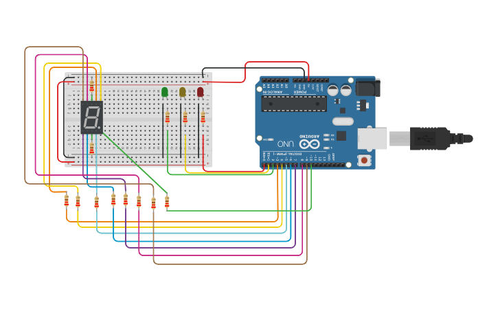 Circuit design Copy of Atividade Semáforo com um display de 7 segmentos - Tinkercad
