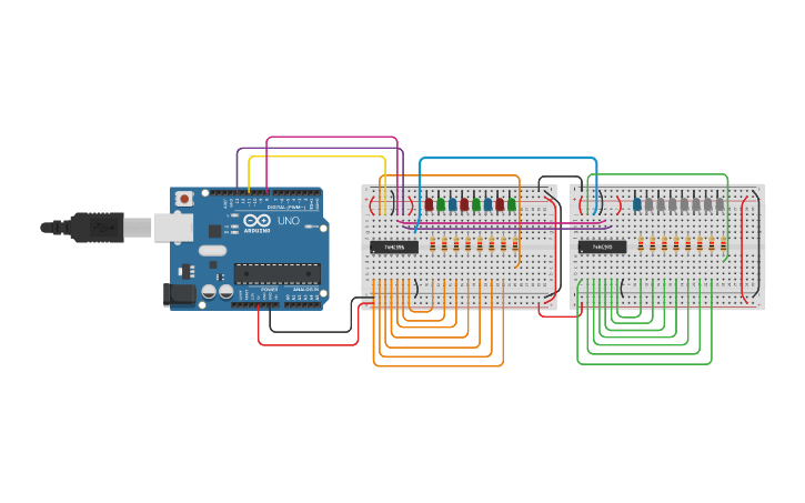 Circuit design Multiple Shift Register LED - Tinkercad