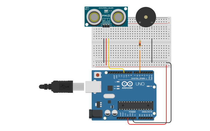 Circuit design E. PIEZO WITH ULTRASONIC SENSOR | Tinkercad