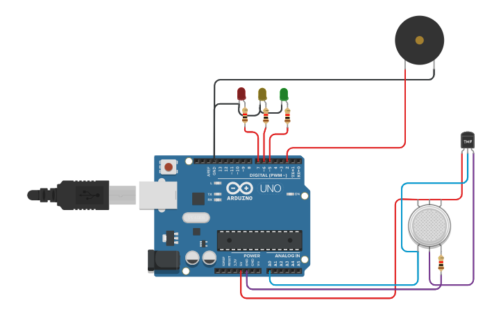 Circuit design Sensor Suhu dan Gas | Tinkercad