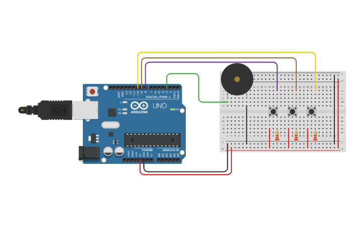 Circuit design Buzzer con pulsadores | Tinkercad