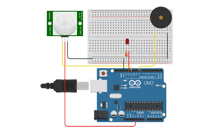 Circuit design Sensor PIER, Buzzer e LED | Tinkercad