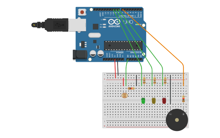 Circuit design LDR LED BUZZER CON ARDUINO - Tinkercad