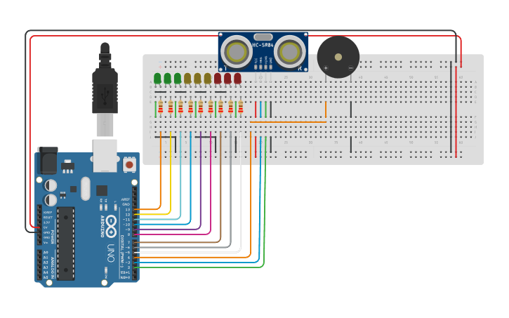 Circuit design LED CONTROL WITH ULTRASONIC DISTANCE SENSOR - Tinkercad