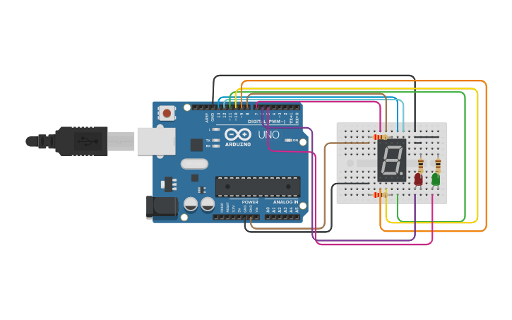 Circuit design 7 segment + Led 2 - Tinkercad
