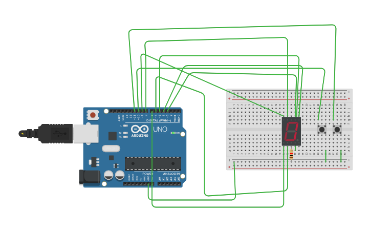 Circuit design 7 seg with 2 buttons - Tinkercad