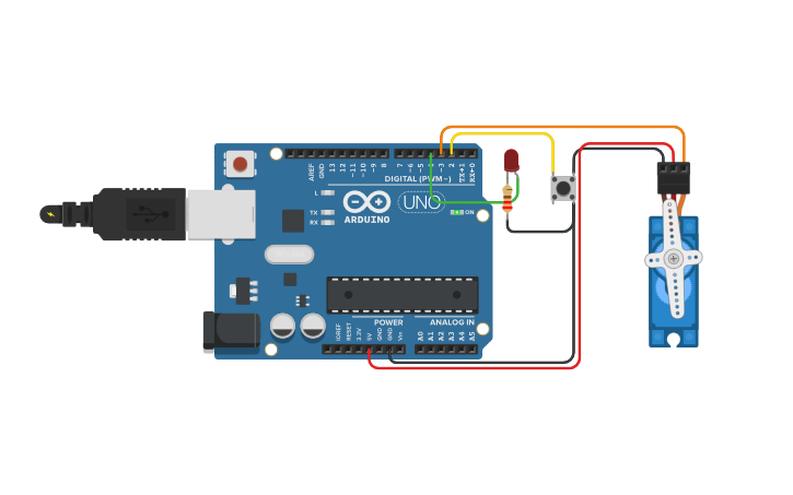 Circuit design Toggle LED and servo position with button - Tinkercad
