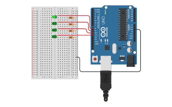 Circuit design Sketch 2.6 Animasi LED Alternatif | Tinkercad