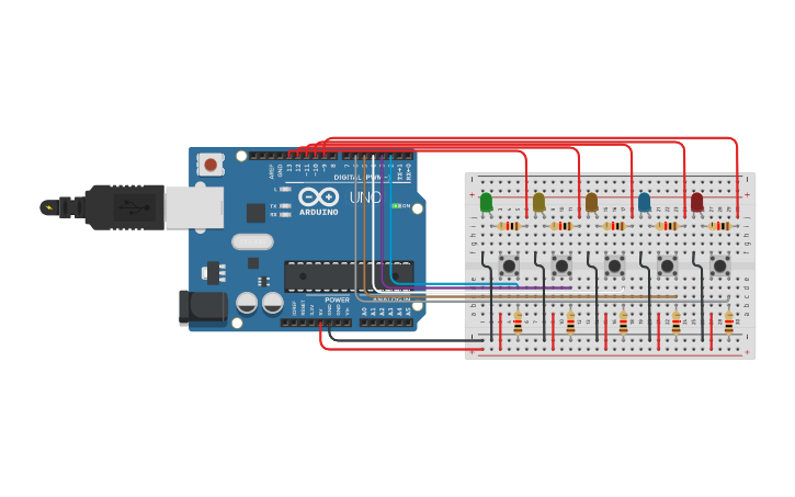Circuit design 5 buttons 5 LEDs - Tinkercad