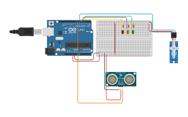Circuit design Sensor ir led y servo 0 hasta 90 - Tinkercad