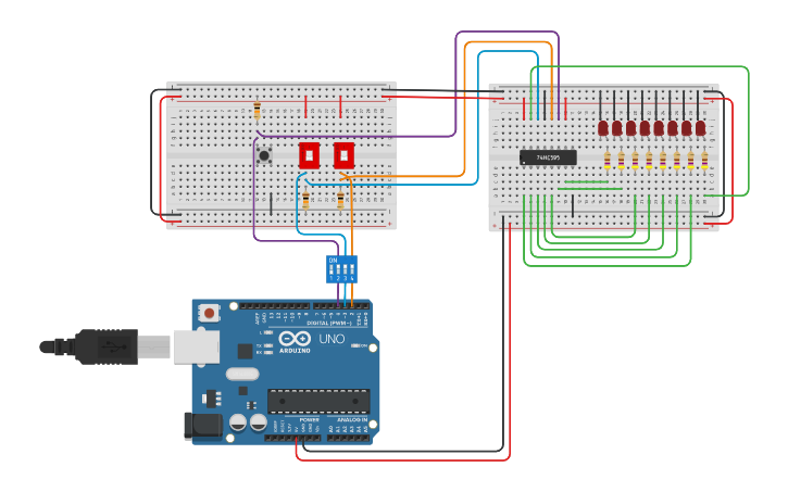 Circuit design Arduino Shift Register - Tinkercad