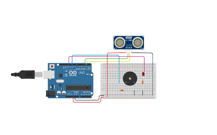 Circuit design Ultrasonic Sensor, Piezo Buzzer, and LED - Tinkercad